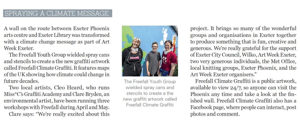“Freefall Climate Graffiti” in Exeter Life - Clare Bryden